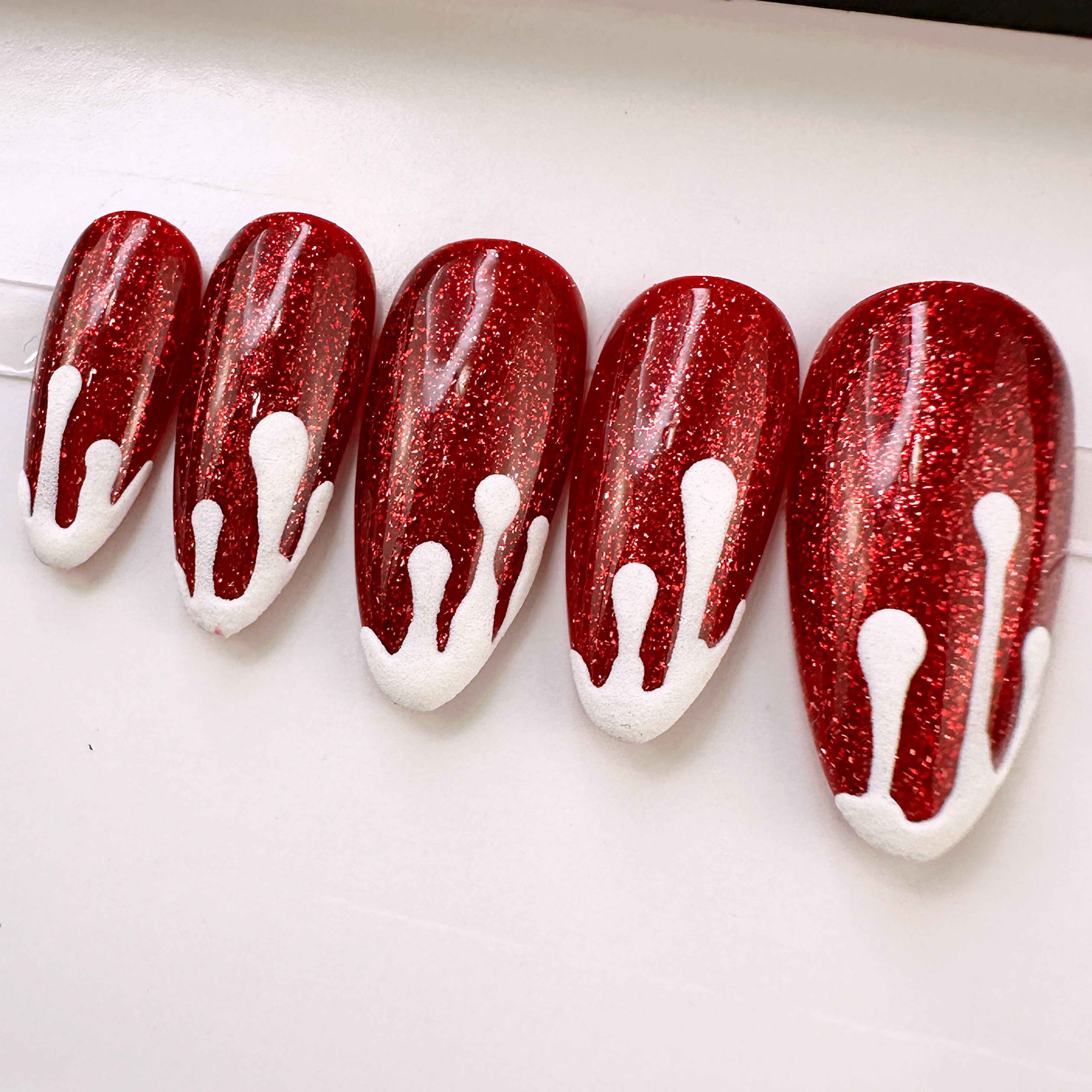 Handmade- Snowfall Red Glitter with White Drip Detailed Press On Nail