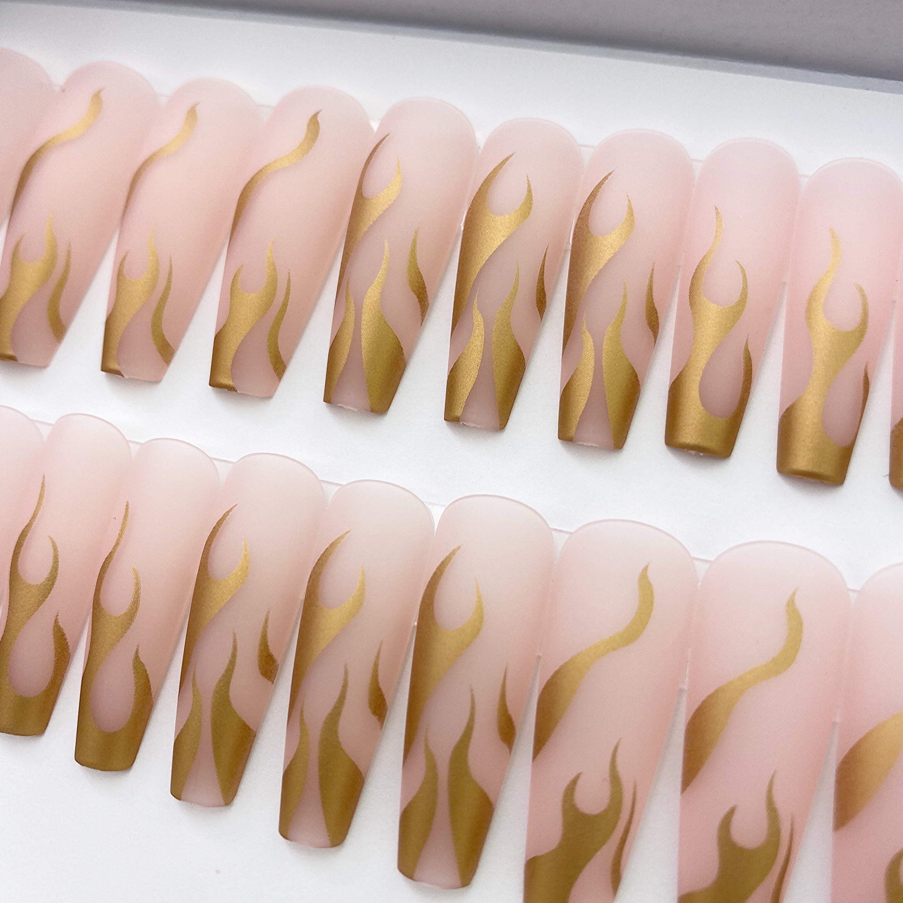 Instant Glam- Rose Gold Blaze Flame C-Curve Long Coffin Press On Nail